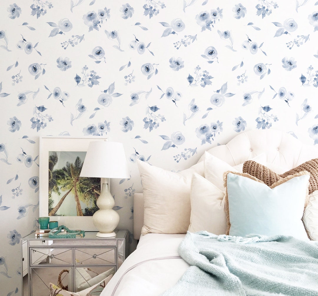 Blue Flowers and Leaves Wallpaper - Blue Floral Botanical Peel and ...