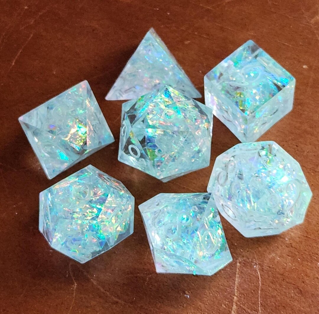 Glitter Bomb/ Sharp Edge Dnd Dice/ 7pc Polyhedral Dice Set/ Pale Blue ...