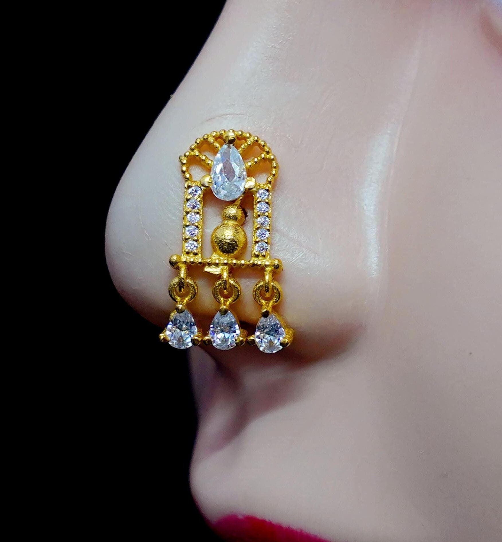 Gold Dangle Nose Stud: Indian Nose Ring With Crystal Flower - Etsy