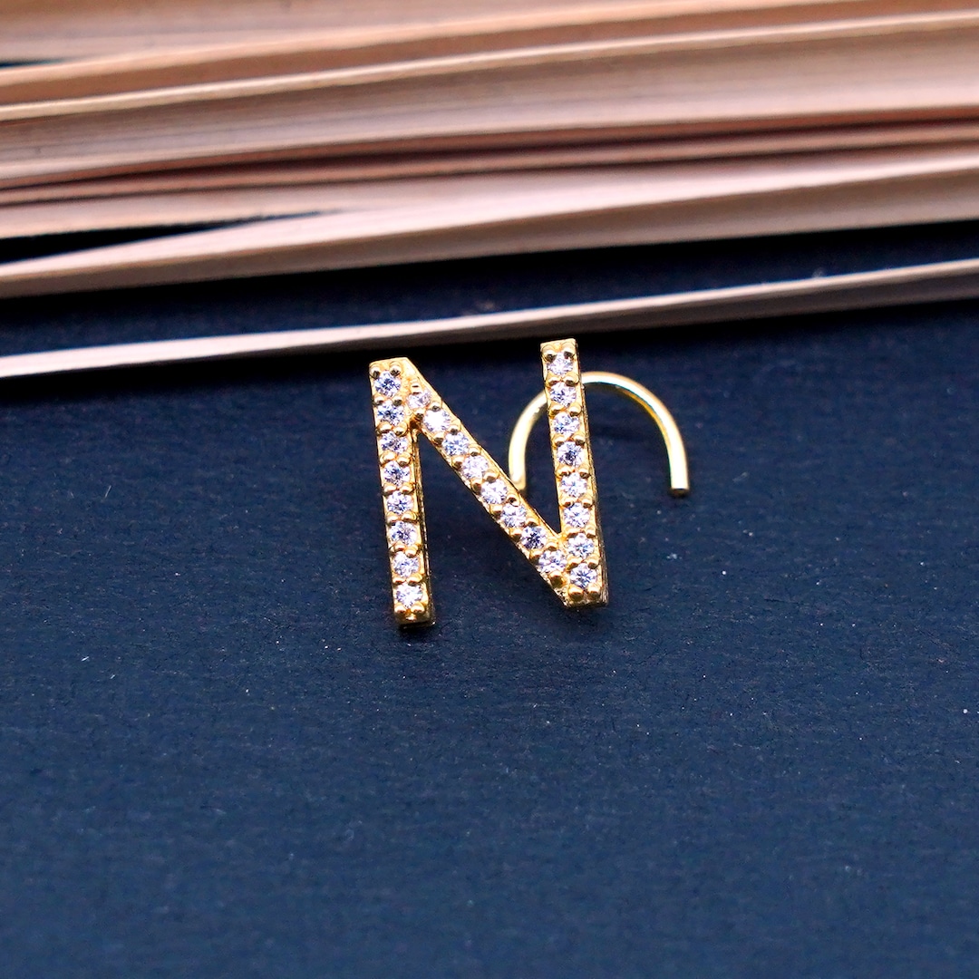 Gold Initial Nose Stud: Letter N, Cubic Zirconia, 22g Piercing - Etsy