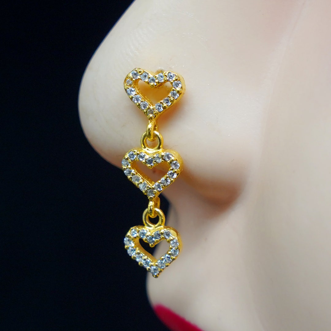 Dangle 3 Heart Nose Ring Indian Nose Ring Thanksgiving Gifts Crystal ...