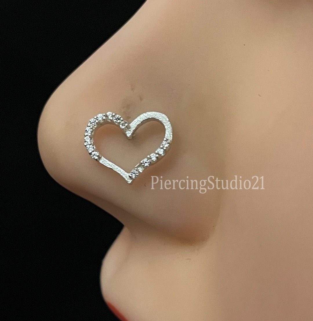 Heart Nose Stud: Sterling Silver, Cubic Zirconia Flower Nose Piercing ...