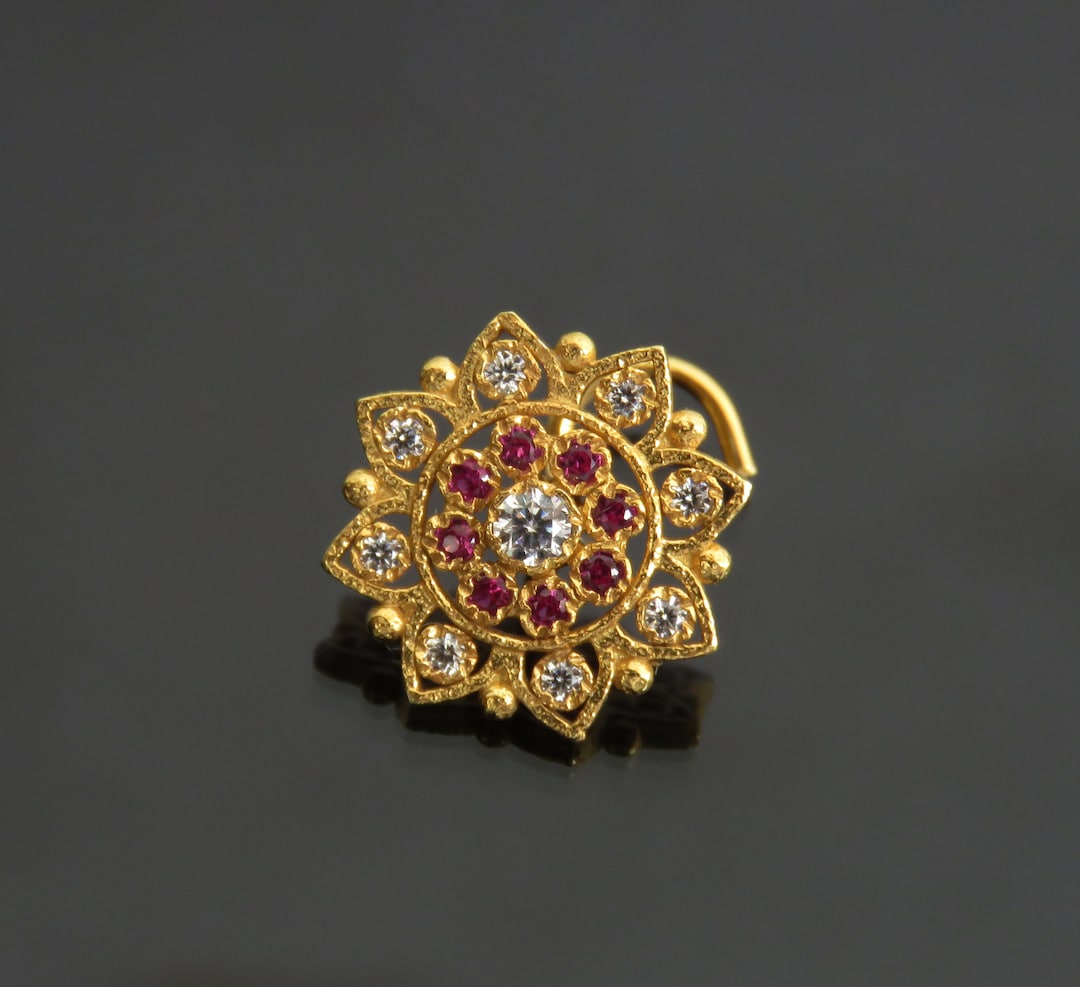 Unique Nose Ring 14K Gold Nose Stud Dangle Nose Stud Indian Nose Stud ...