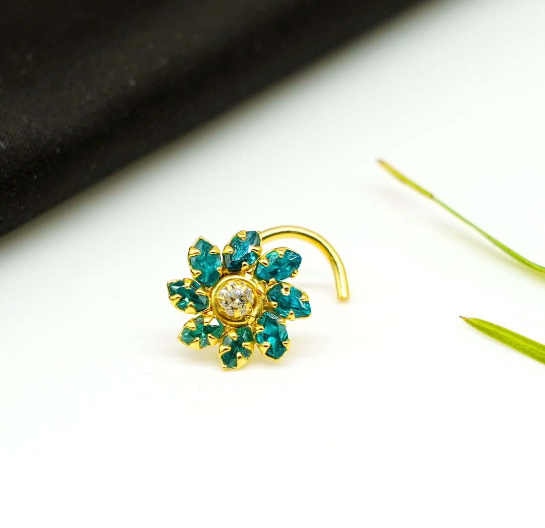 14k Gold Nose Ring Indian Nose Screw Crystal Nose Hoop Indian Nose Stud ...