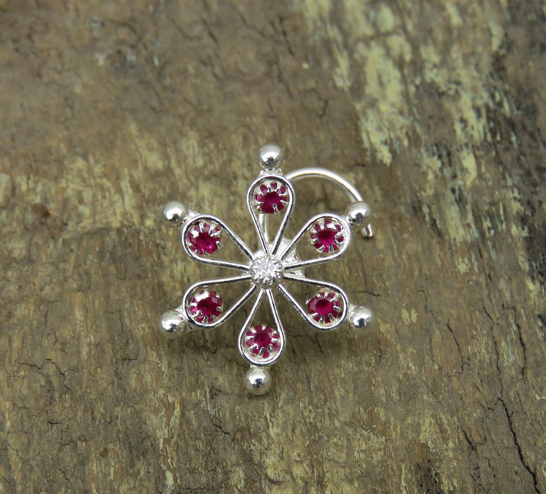 Ruby Flower Nose Stud: Sterling Silver Indian Nose Ring - Etsy
