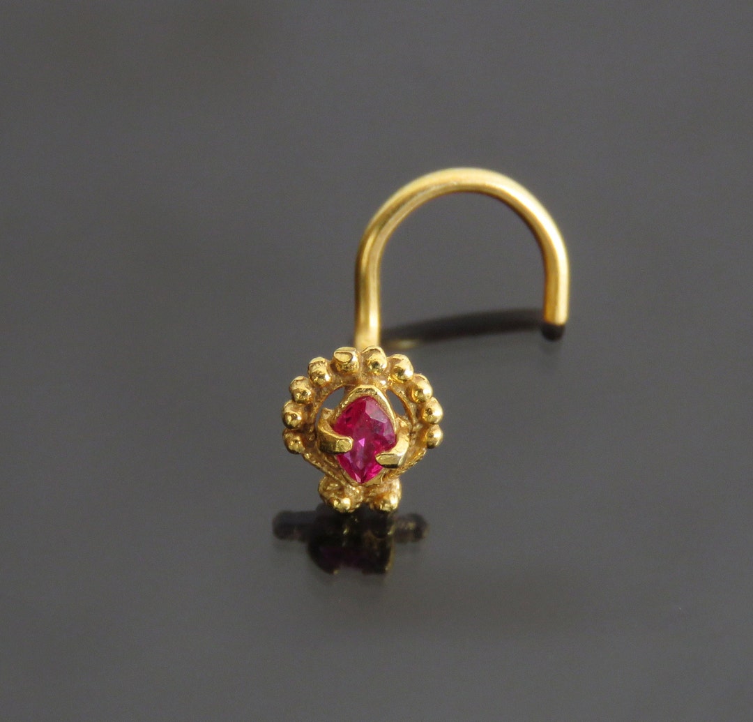 Gold Nose Stud: Ruby Nose Ring CZ Flower Tinny Crock Screw Piercing - Etsy