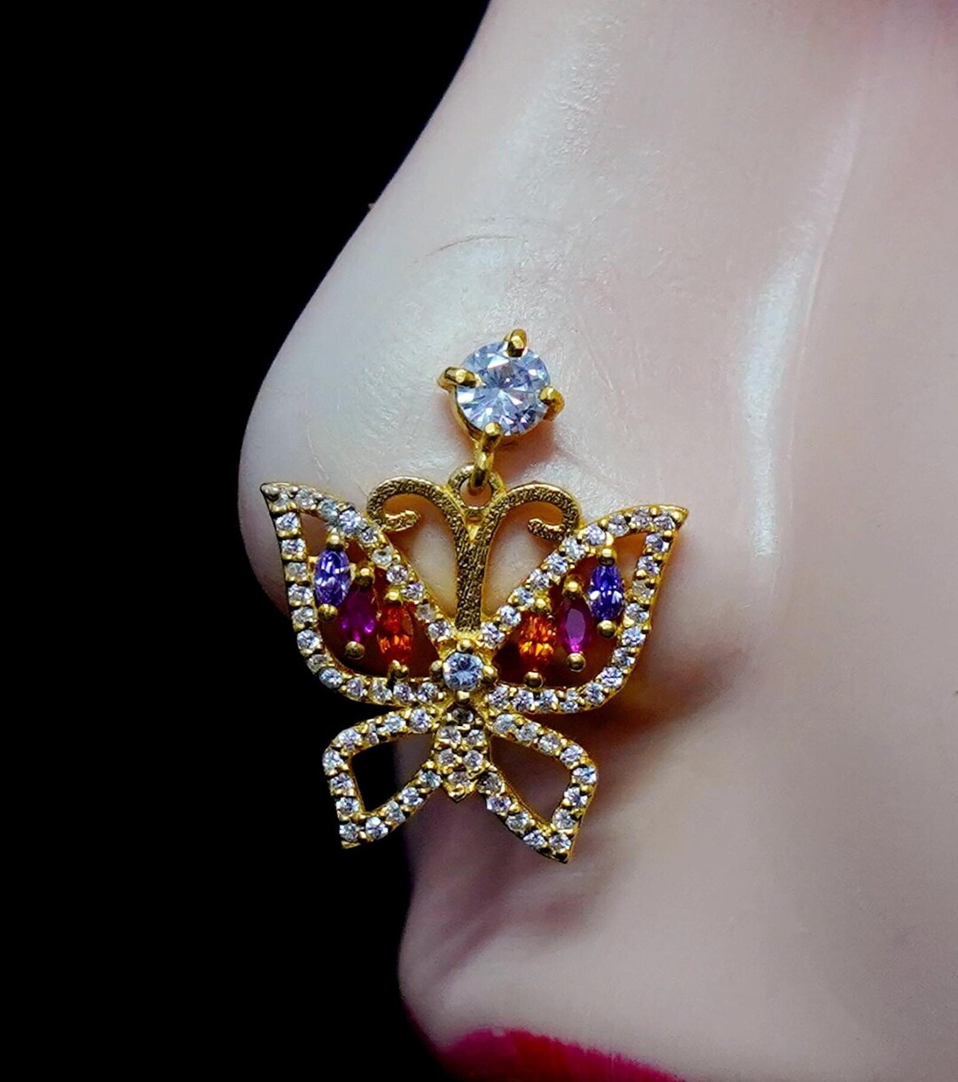 Gold Butterfly Nose Stud: Multi-stone Indian Nose Jewelry - Etsy