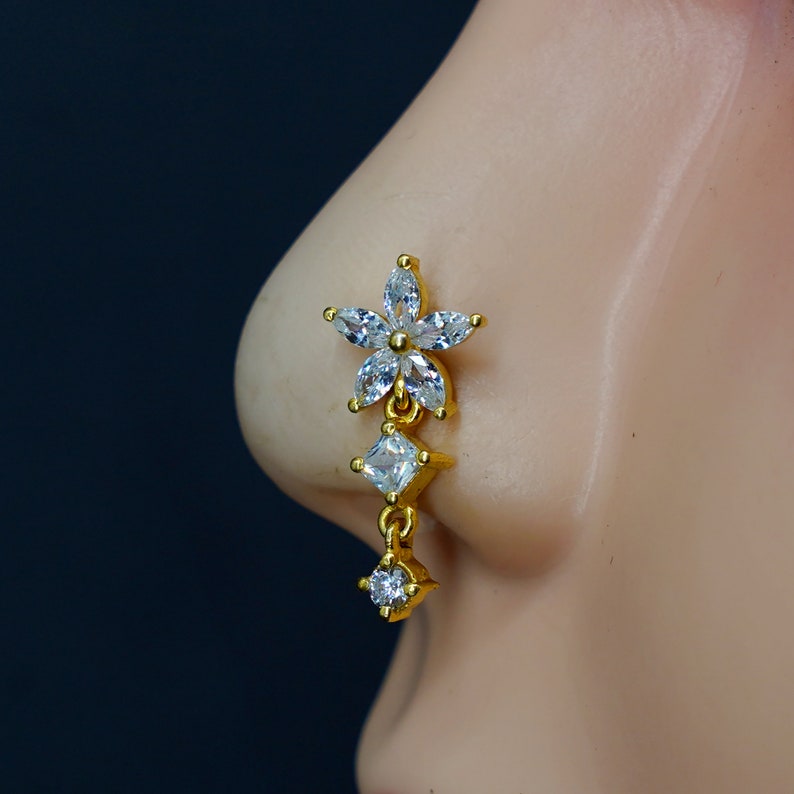Flower Nose Stud: Gold Indian Nose Ring, Dangle Piercing Cubic Zirconia ...