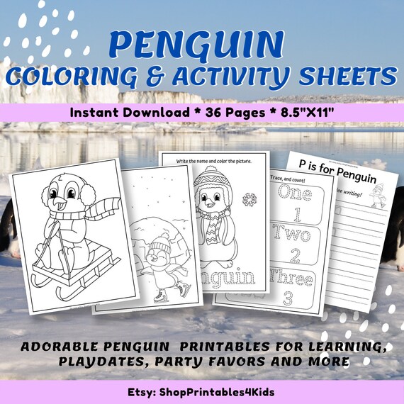 Penguin Coloring Tracing Counting Pages Printable Coloring | Etsy