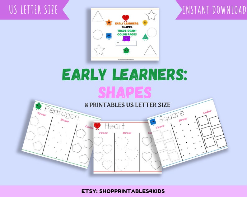 Learn Shapes! Shapes Trace-draw-color Printable Worksheets for Pre ...