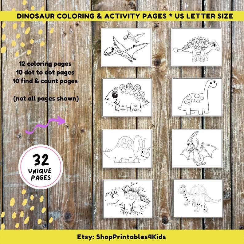 Dinosaur Coloring Dot to Dot Counting Pages 32 Printable - Etsy