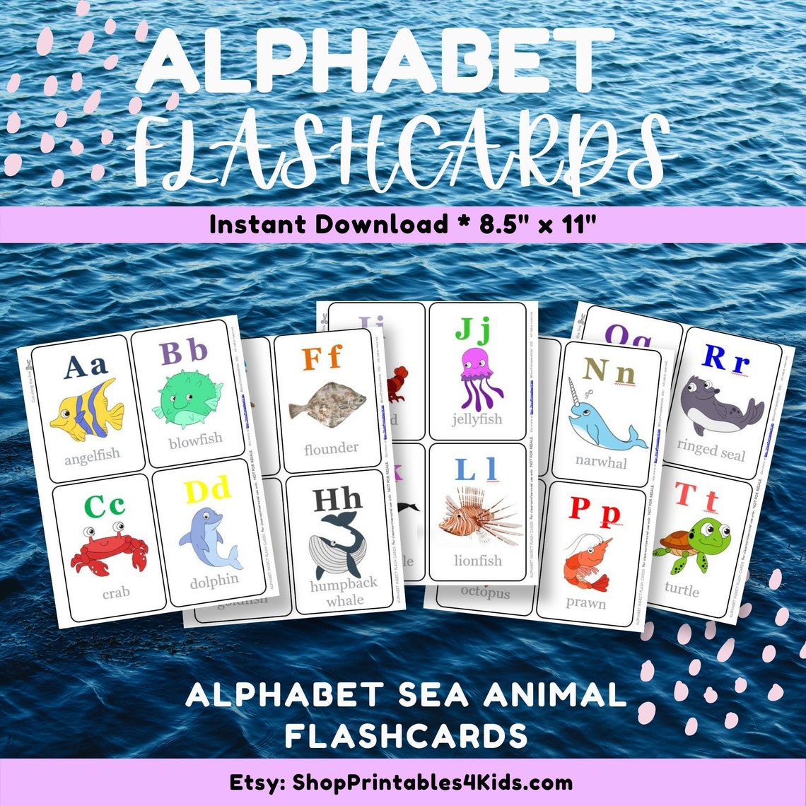 Alphabet ABC Sea Animal Flashcards for Preschool | Pre-k | Kindergarten ...