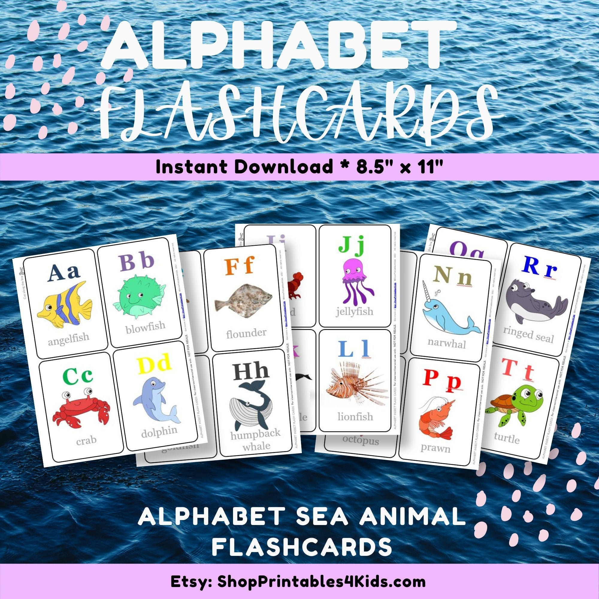 Alphabet ABC Sea Animal Flashcards for Preschool | Pre-k | Kindergarten ...
