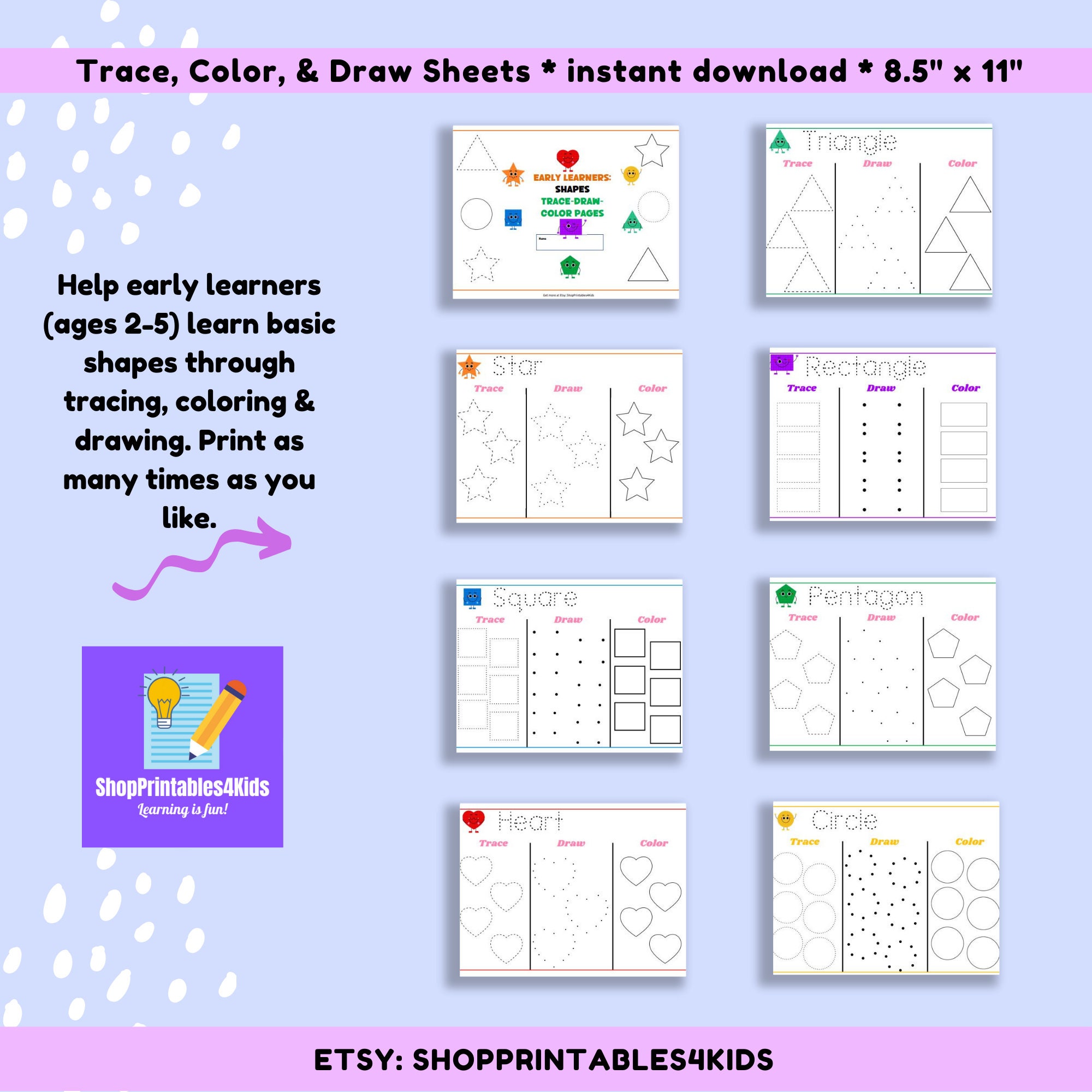 Learn Shapes Shapes Trace-draw-color Printable Worksheets for Pre ...