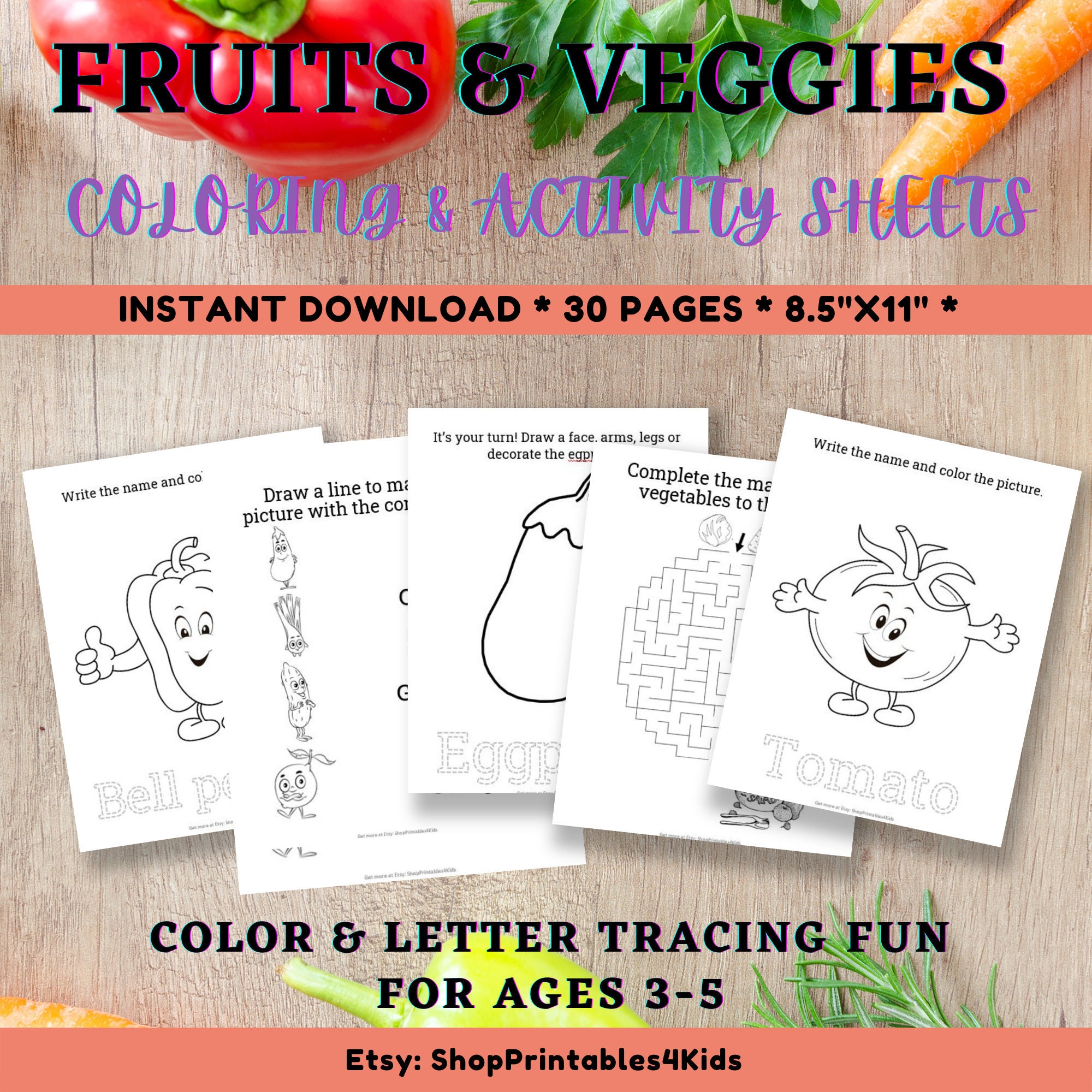 Fruits & Vegetables Coloring Letter Tracing Printable Activity Sheets ...