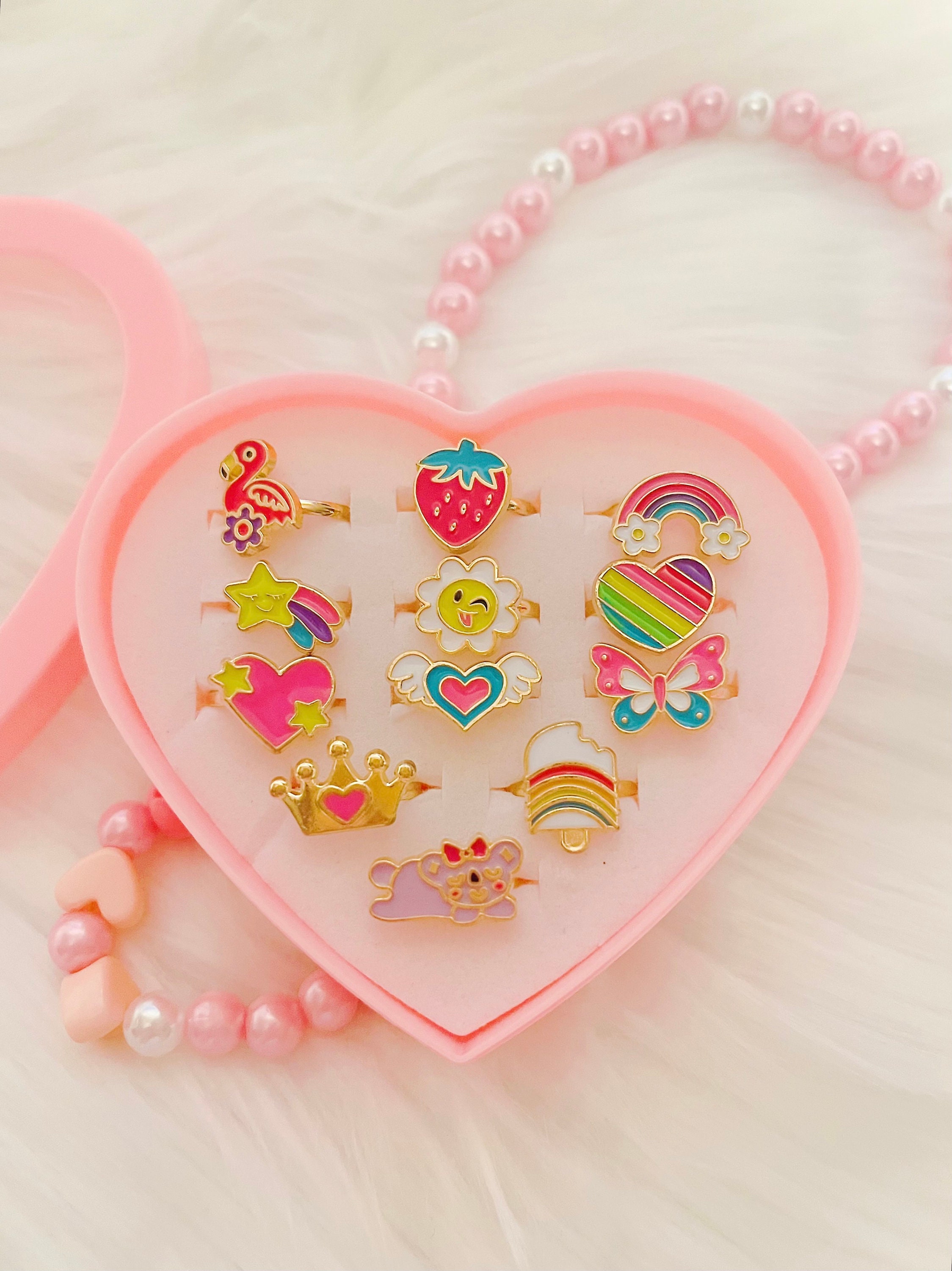 12 Pieces Kids Rings, Little Girls Cute Design Rings Set in the Heart ...