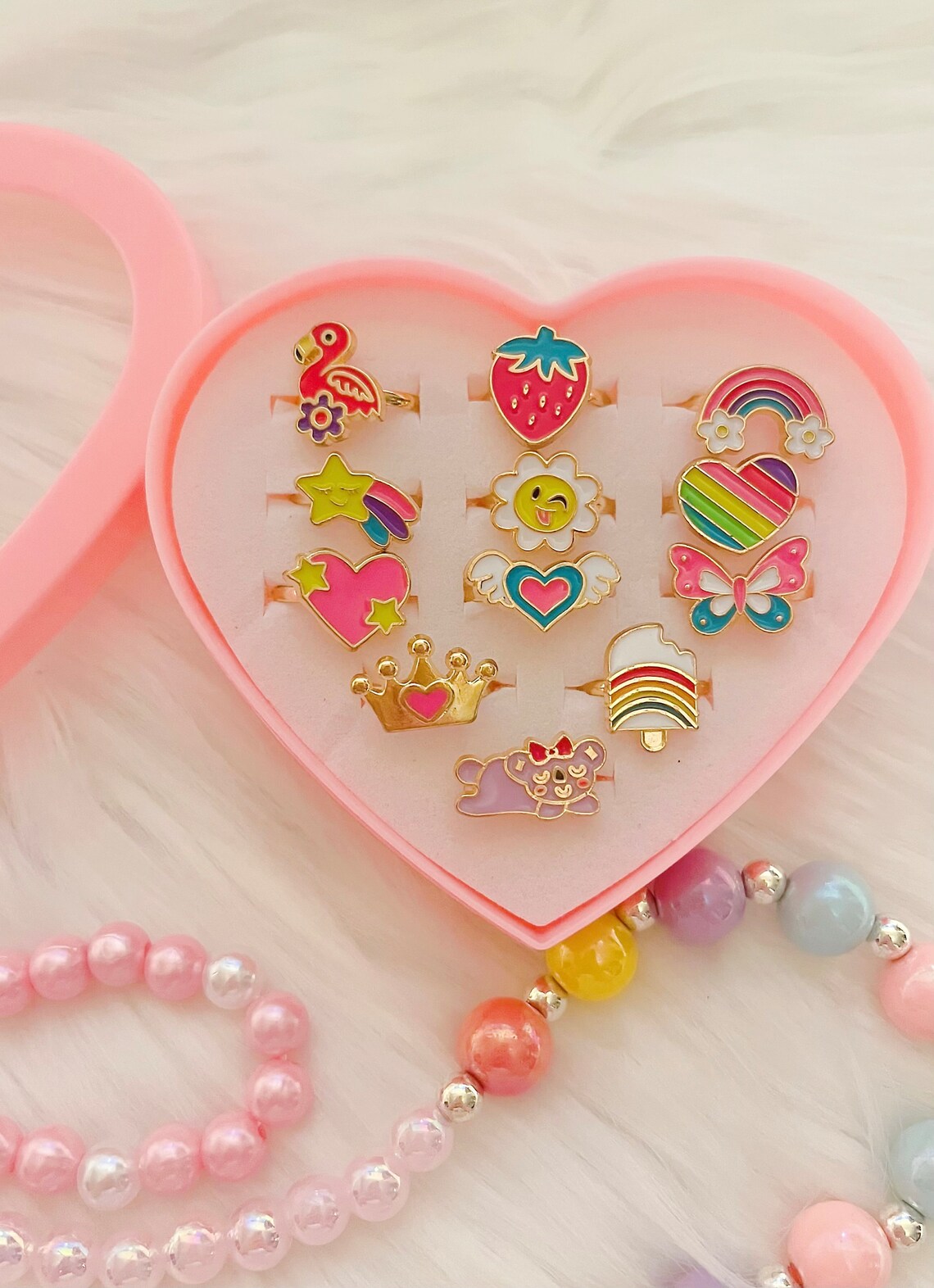 12 Pieces Kids Rings, Little Girls Cute Design Rings Set in the Heart ...