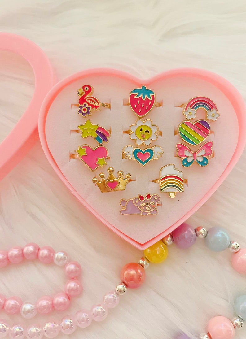 12 Pieces Kids Rings, Little Girls Cute Design Rings Set in the Heart ...