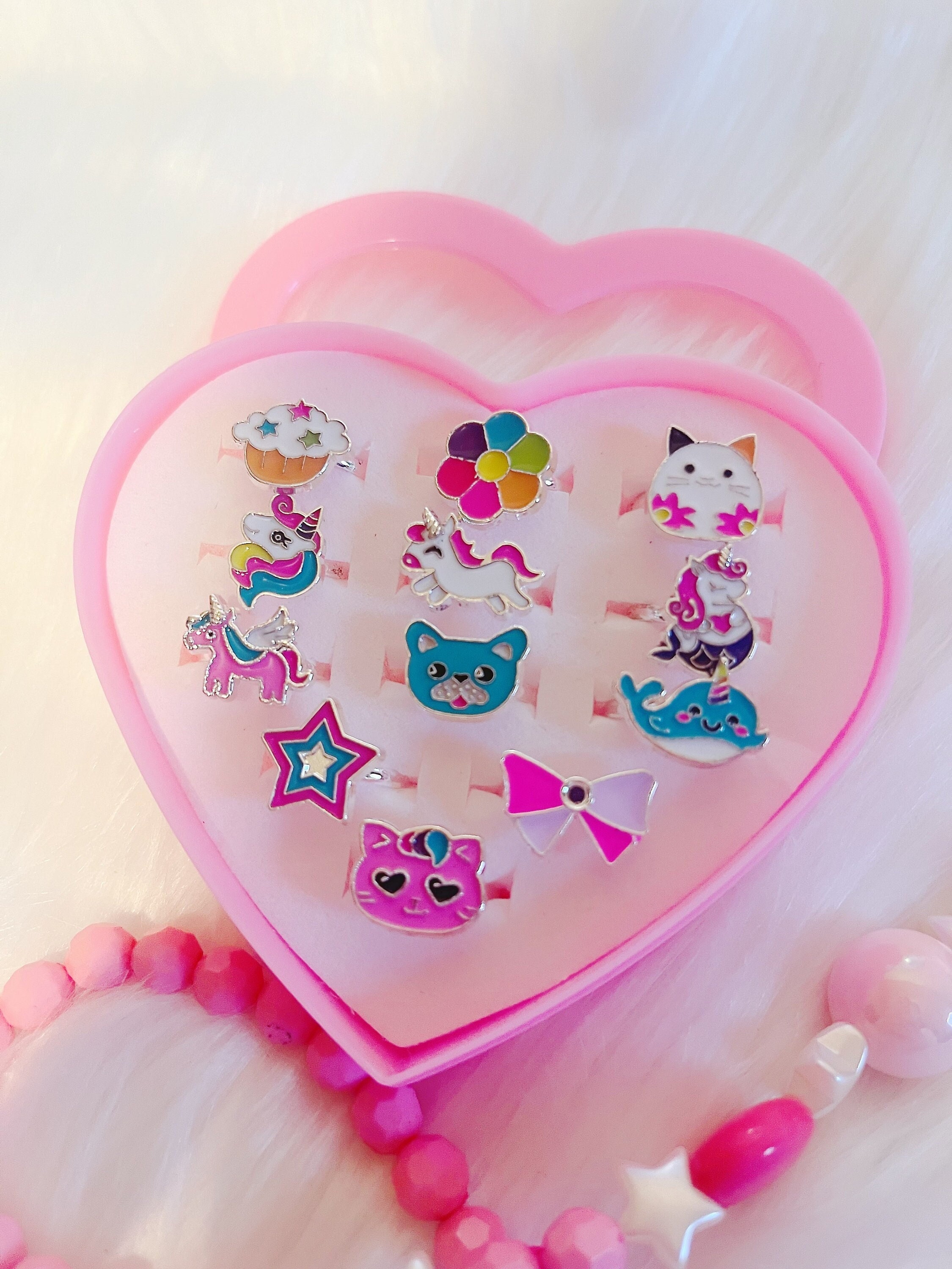 12 Pieces Kids Rings, Little Girls Cute Design Rings Set in the Heart ...