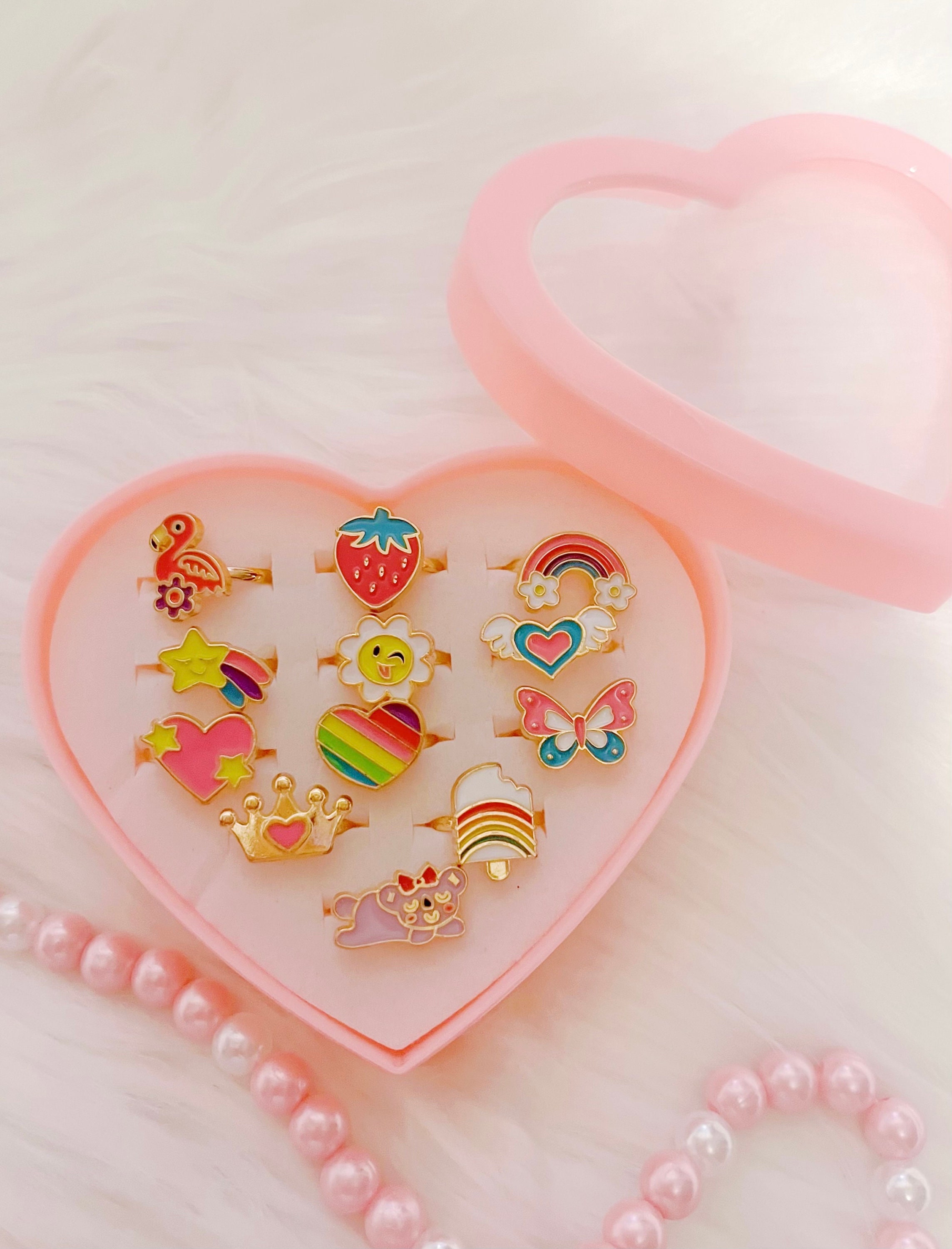 12 Pieces Kids Rings, Little Girls Cute Design Rings Set in the Heart ...