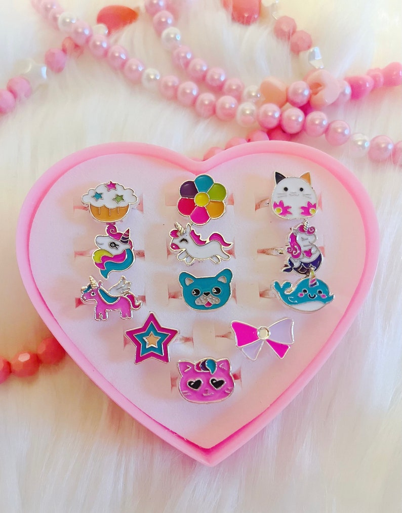 12 Pieces Kids Rings, Little Girls Cute Design Rings Set in the Heart ...