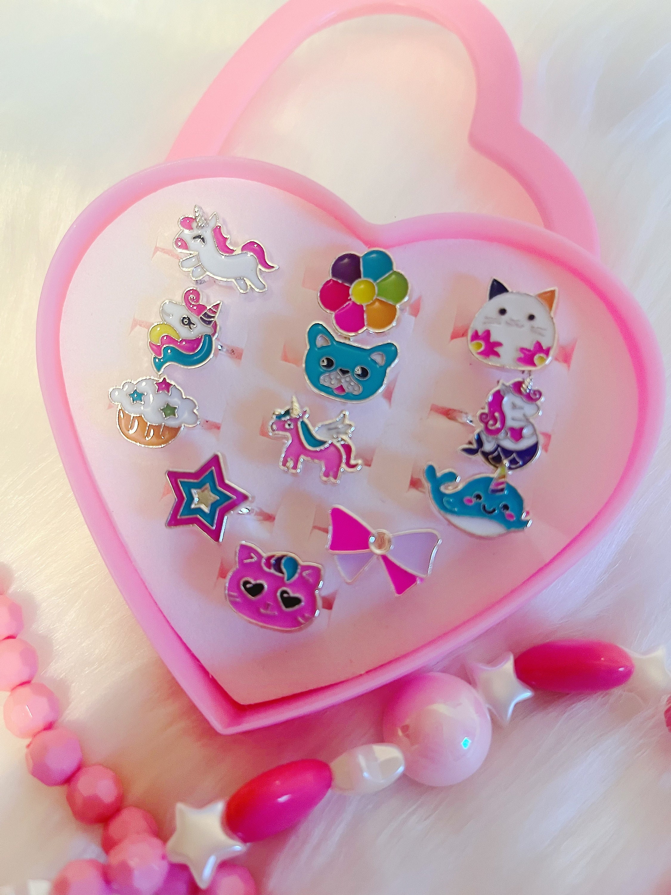 12 Pieces Kids Rings, Little Girls Cute Design Rings Set in the Heart ...