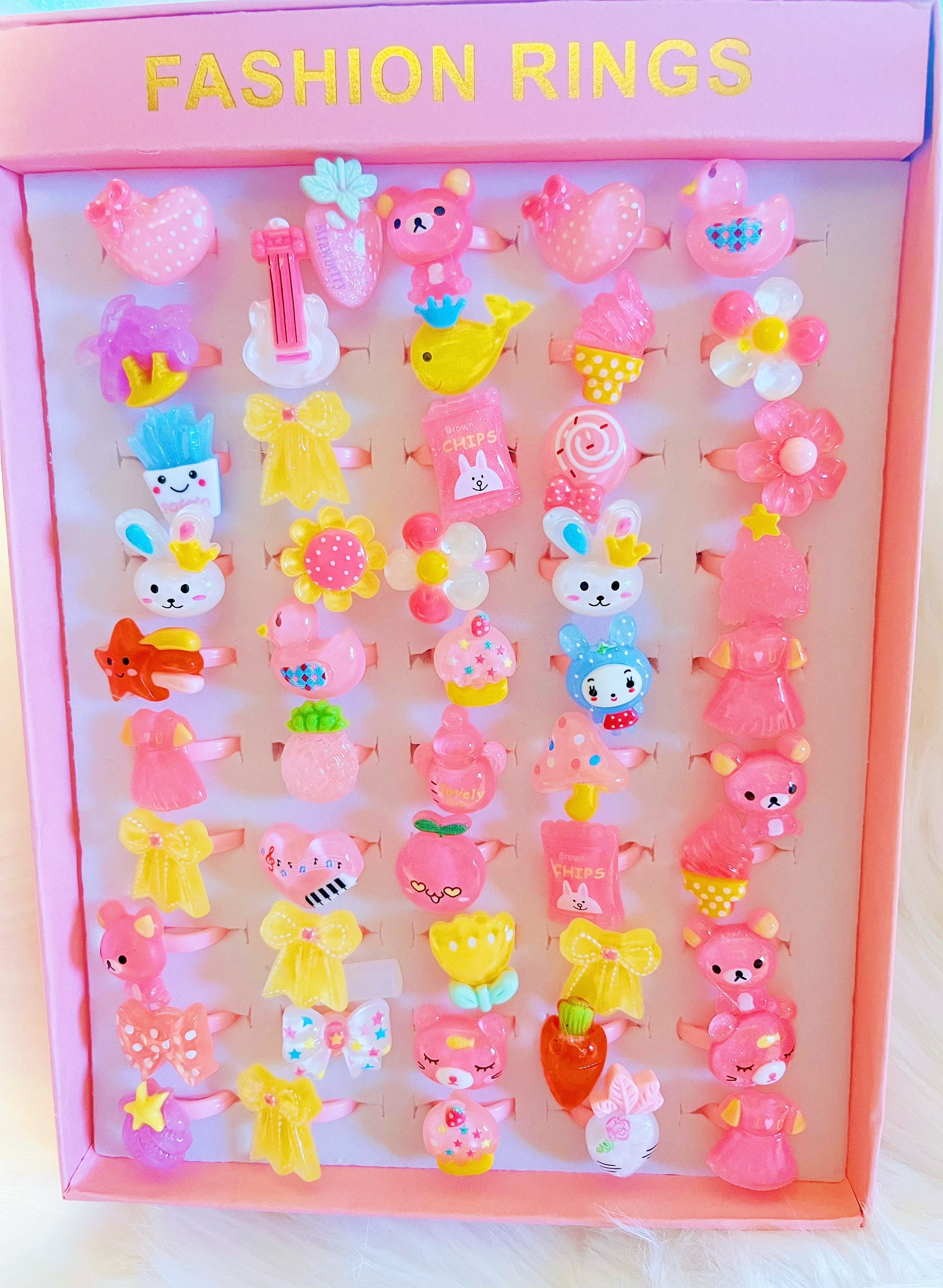 50 Pieces Kids Rings, Little Girls Cute Design Rings Set in the Box ...
