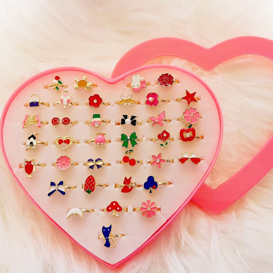 36pcs Little Girl Adjustable Rings in Box, Kids Cute Jewelry Rings Set ...
