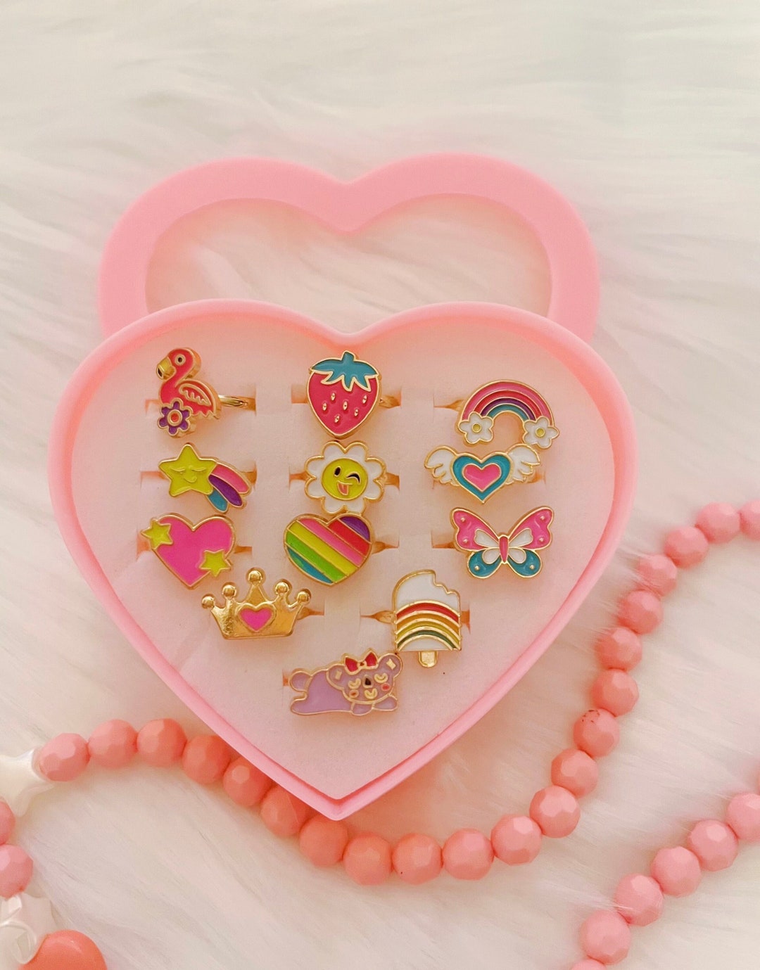 12 Pieces Kids Rings, Little Girls Cute Design Rings Set in the Heart ...