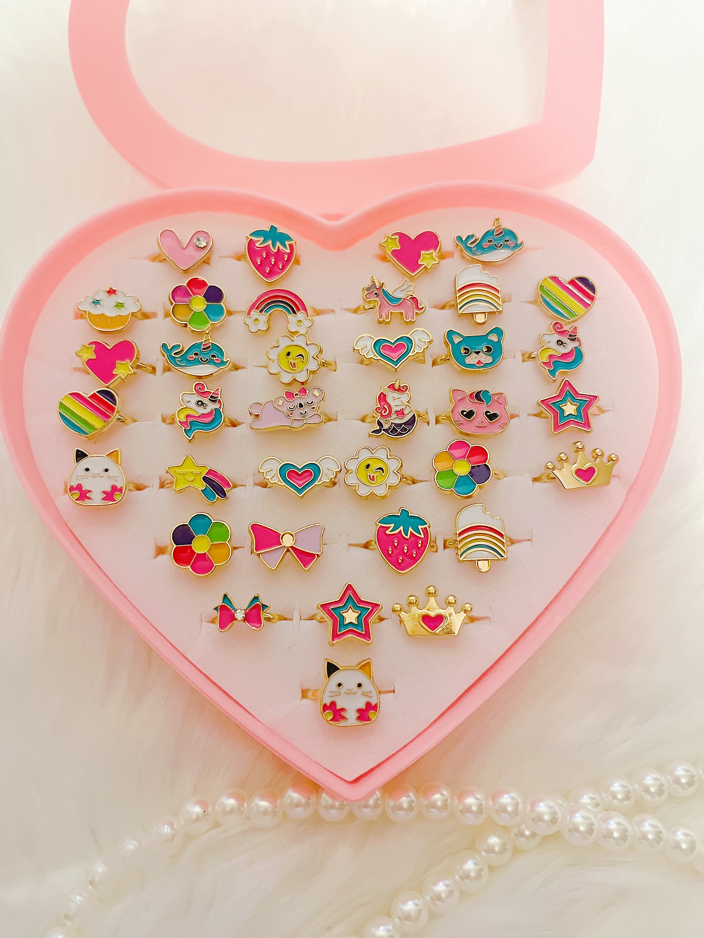 36pcs Little Girl Adjustable Rings in Box, Kids Jewelry Rings Set With ...