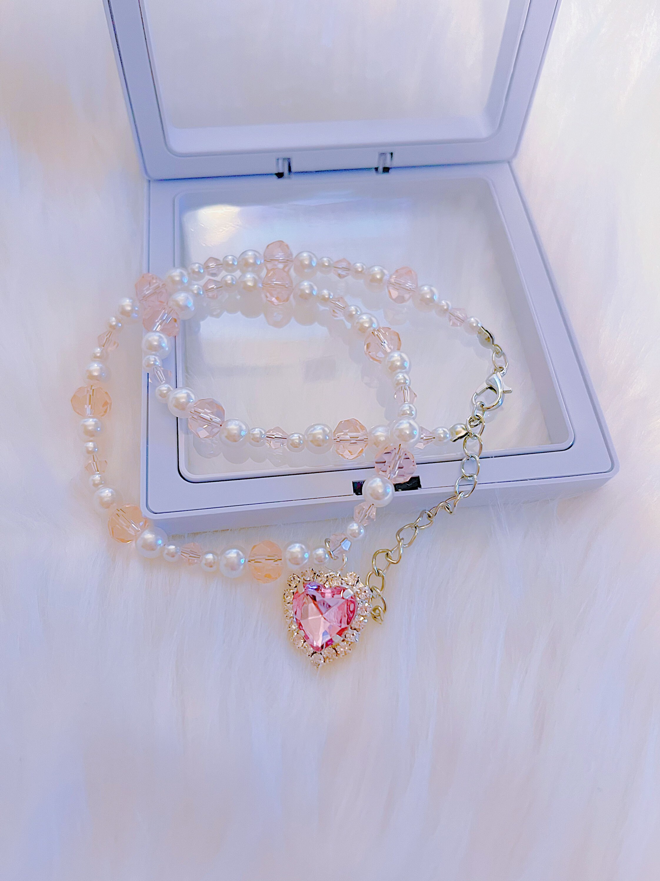 Little Girl's Beads Necklace With Pink Rhinestone Gem Heart Shape ...