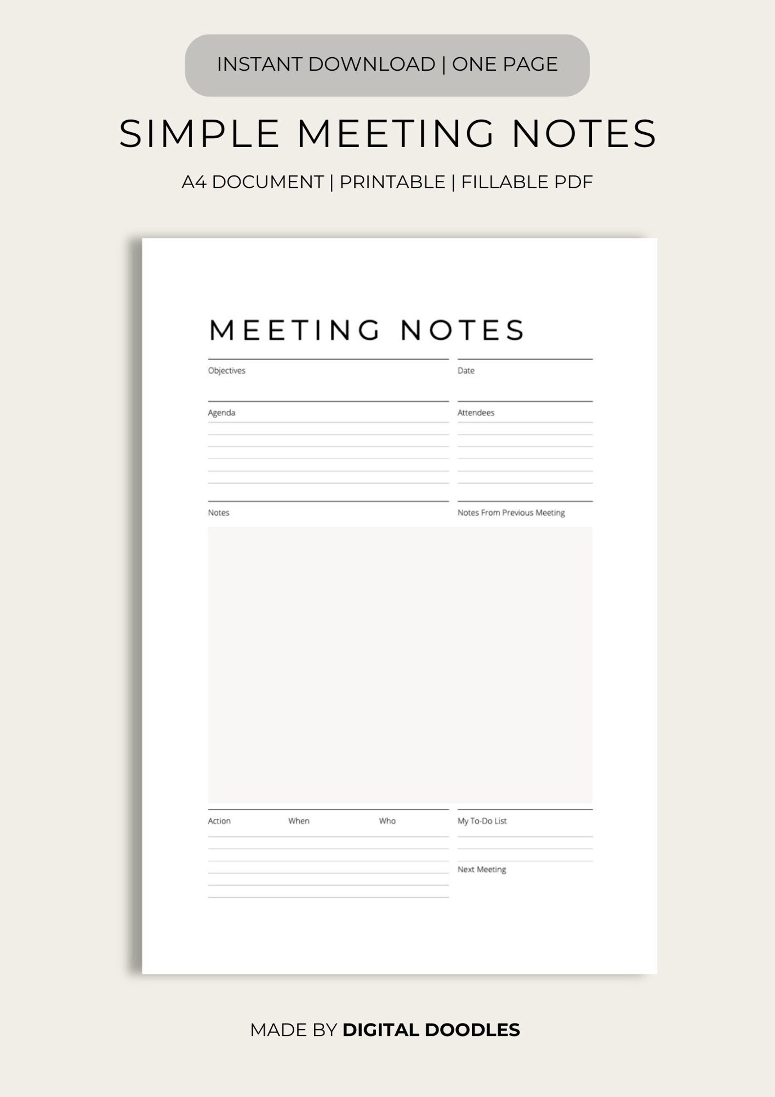 Meeting Notes Simple Template Printable, Meeting Minutes, Meeting ...
