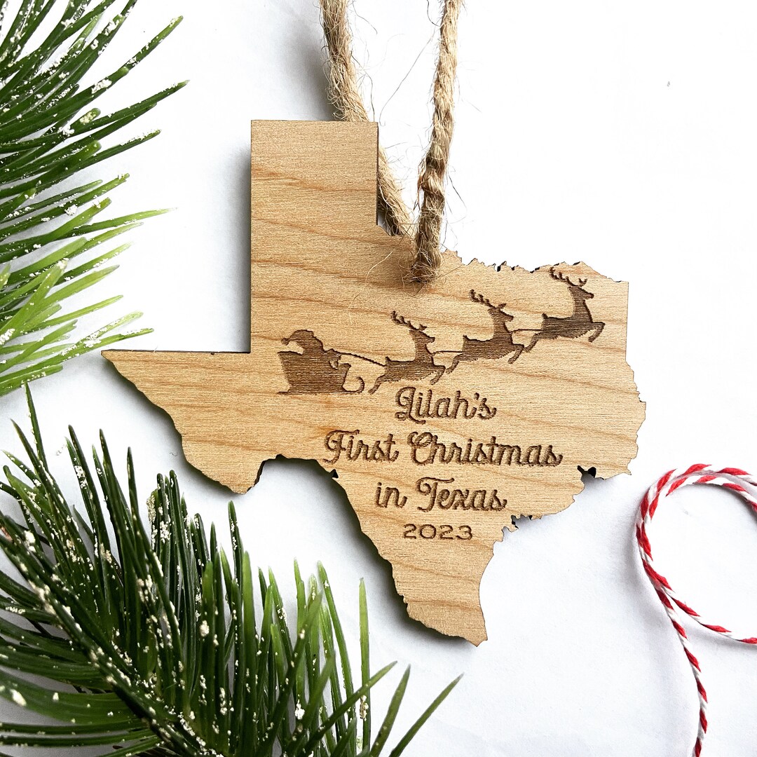 Customizable Texas Ornament - First Christmas in Texas Santa and Sleigh ...