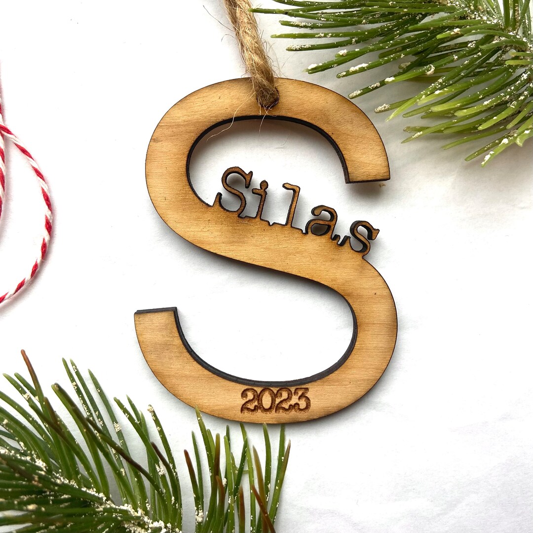 Initial With Name Ornament - Silas - Engraved Birch Wood - Made in USA ...