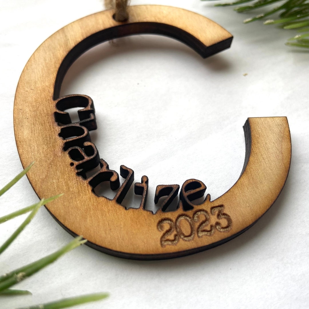 Initial With Name Ornament - Charlize - Engraved Birch Wood - Made in ...