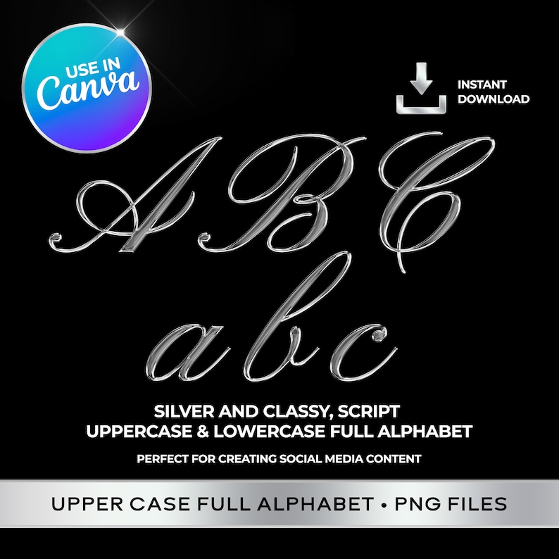 Silver Script Luxury Chrome Letters, Silver Clipart, Upper and Lower ...