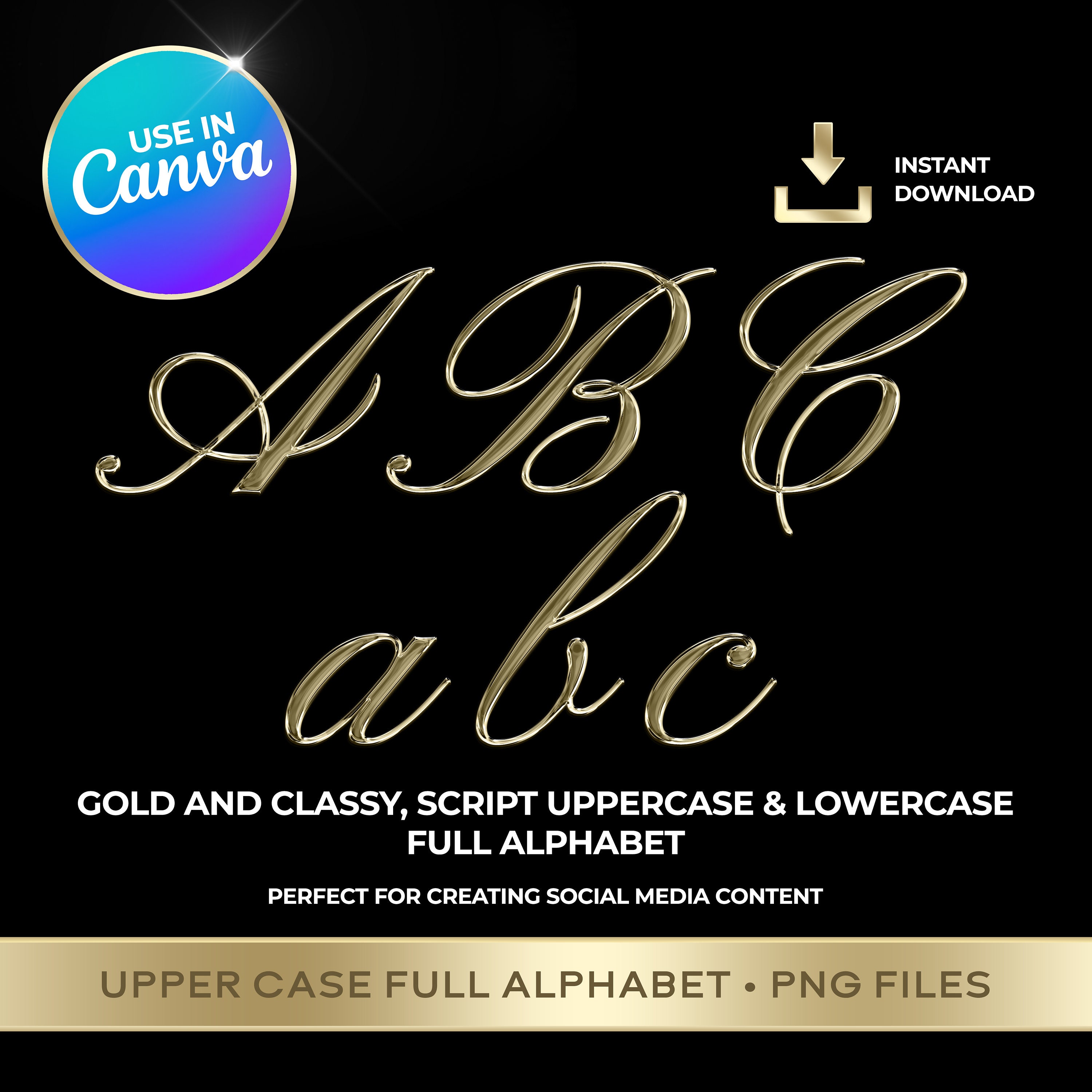 Gold Script Luxury Chrome Letters, Gold Clipart, Gold Upper and Lower ...