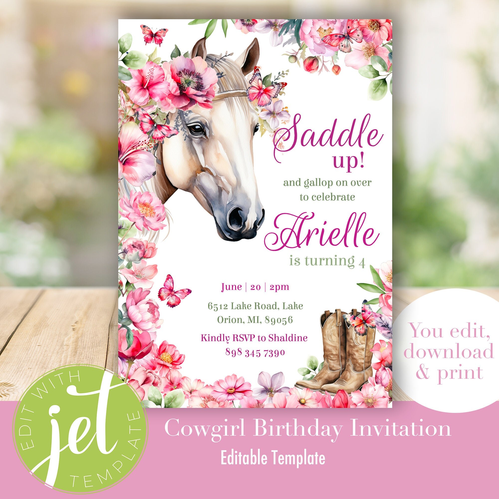 EDITABLE Saddle Up, Horse Birthday Party Invitation, Watercolor Cowgirl ...