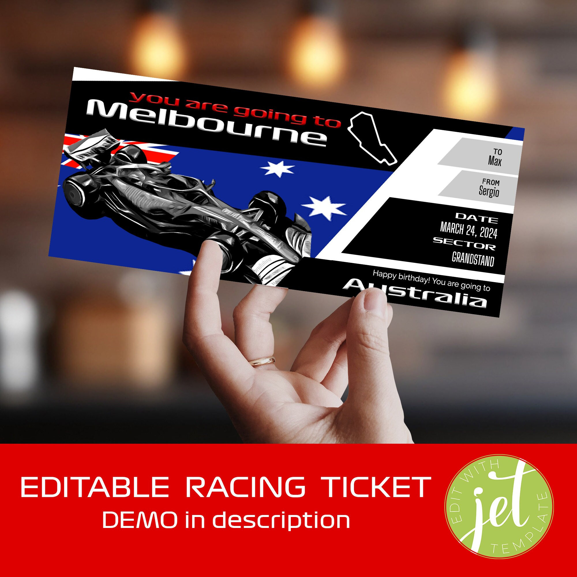 Melbourne Racing Ticket Template: Formula Birthday Gift (digital ...