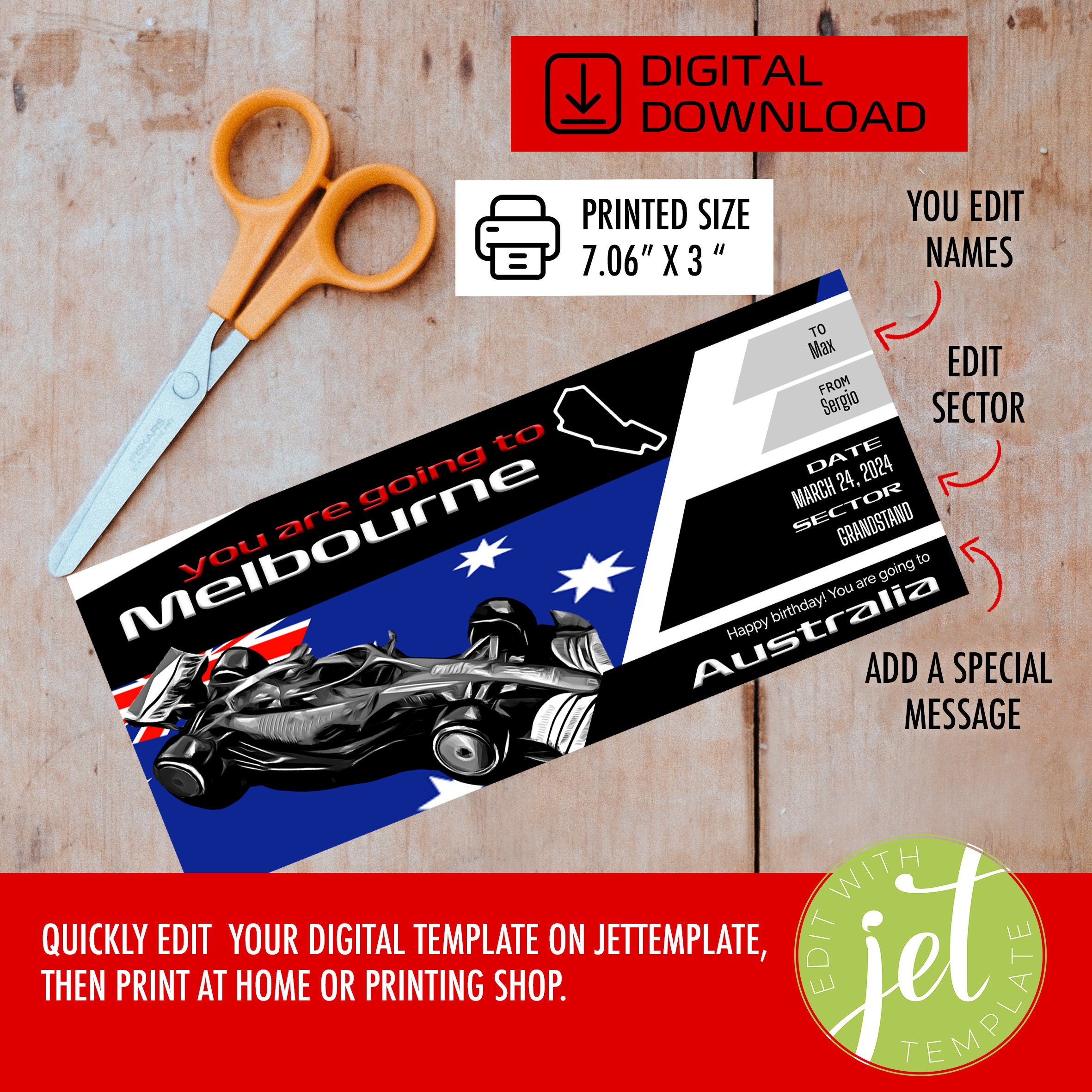 Melbourne Formula Ticket Template, Custom Racing Gift Voucher ...