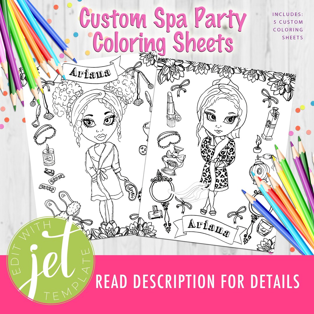 Spa Birthday Party Coloring Sheet, Personalised Party Favors, Printable ...