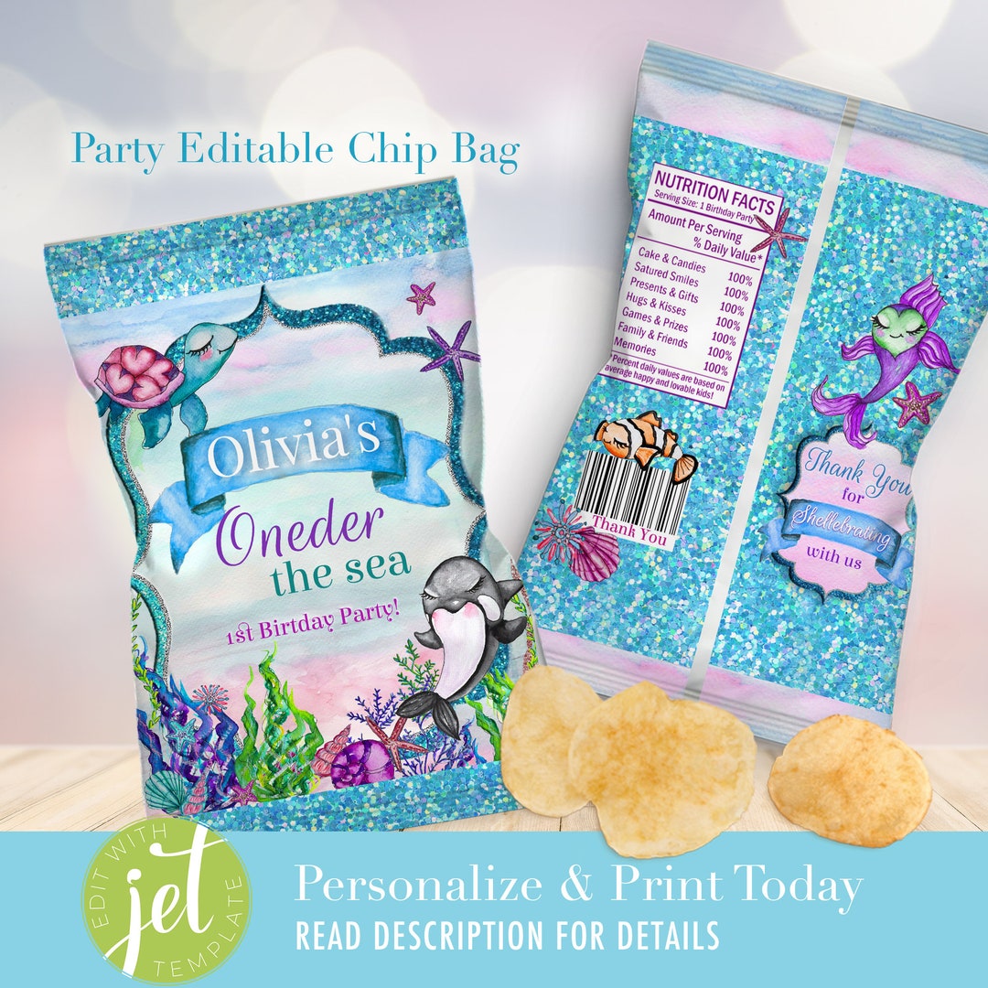 Oneder the Sea Birthday Party Favors Chip Bags EDITABLE | Beach ...