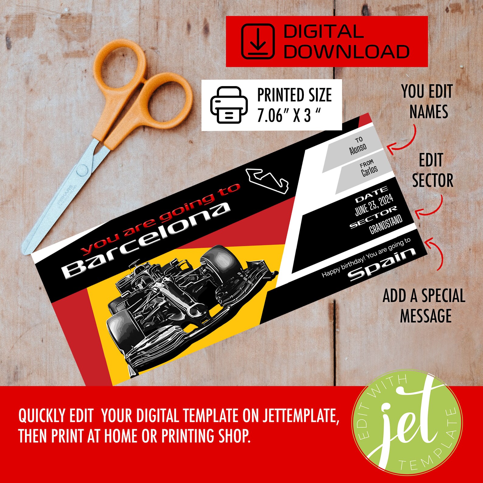Barcelona Formula Ticket Template, Custom Racing Gift Voucher, Spain ...