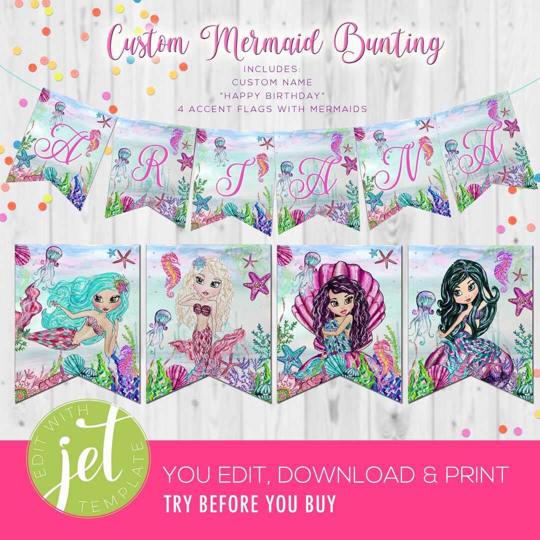 Custom Mermaid Birthday Banner: Editable Party Bunting (digital File ...