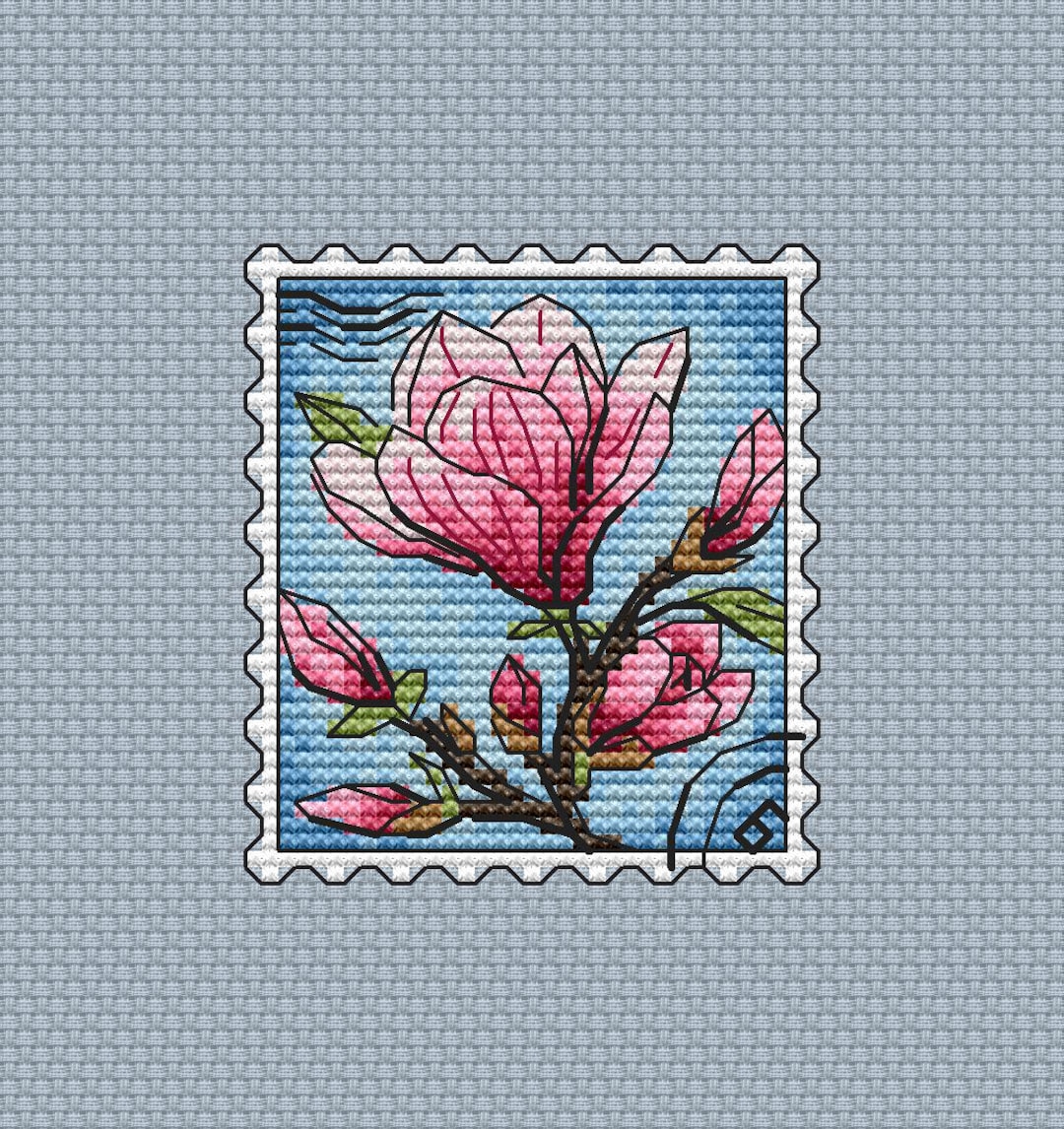 Pink Magnolia Flower PDF Cross Stitch Pattern - Post Stamp Embroidery ...