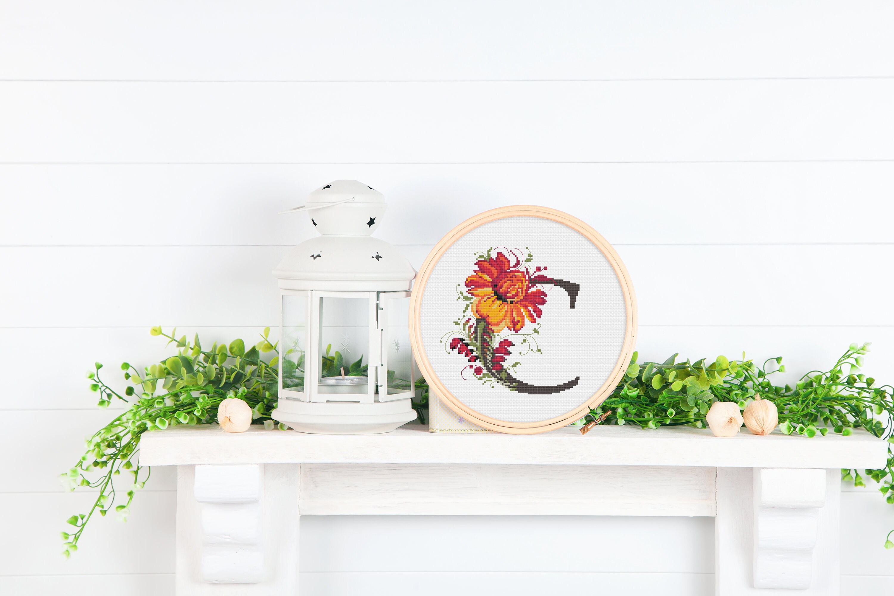 Floral Letter C Folk Cross Pdf Cross Stitch Pattern Flower | Etsy