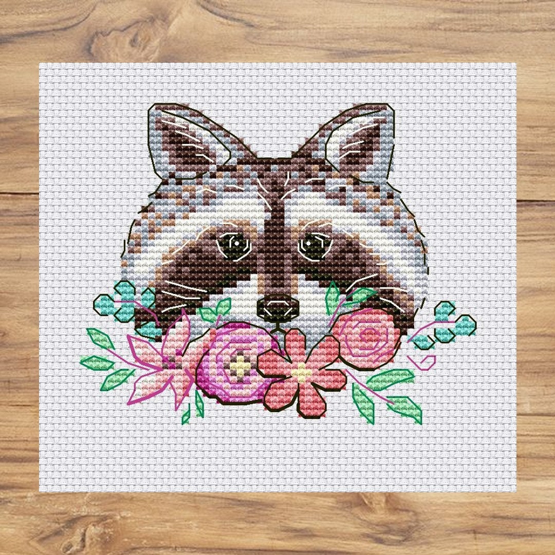 Raccoon and Flowers Wreath PDF Cross Stitch Patterns Raccoon Cross ...