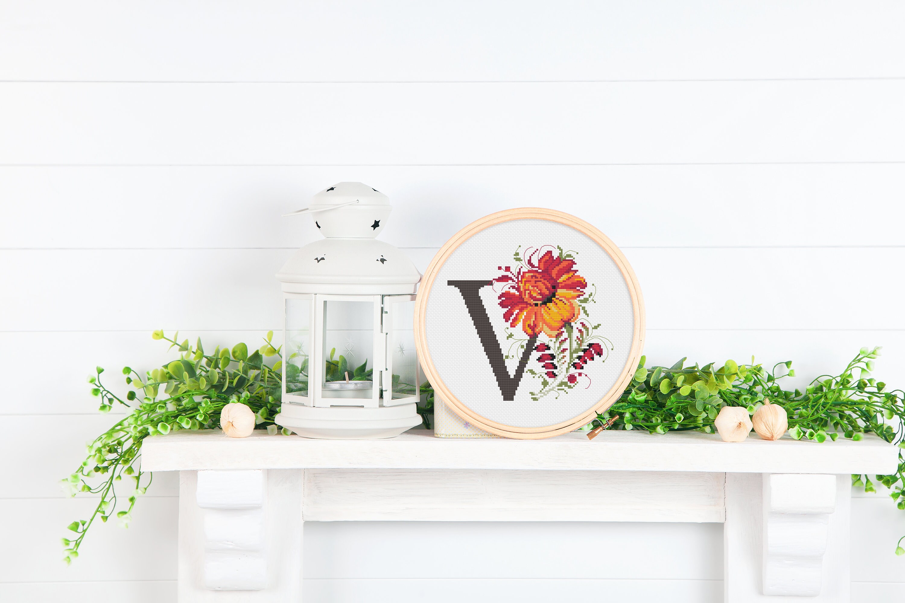 Floral Letter V Cross Stitch Monogram Pattern V Folk | Etsy