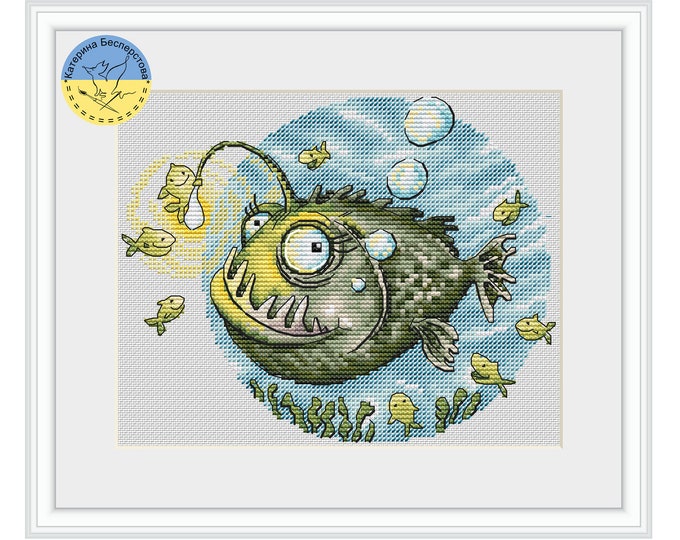 Electric Anglerfish Cross Stitch Pattern, Luminous Deep Sea Fish Design ...