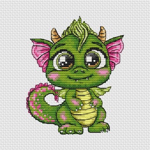 Cute Little Dragon PDF Cross Stitch Pattern - Green Dragon Embroidery ...